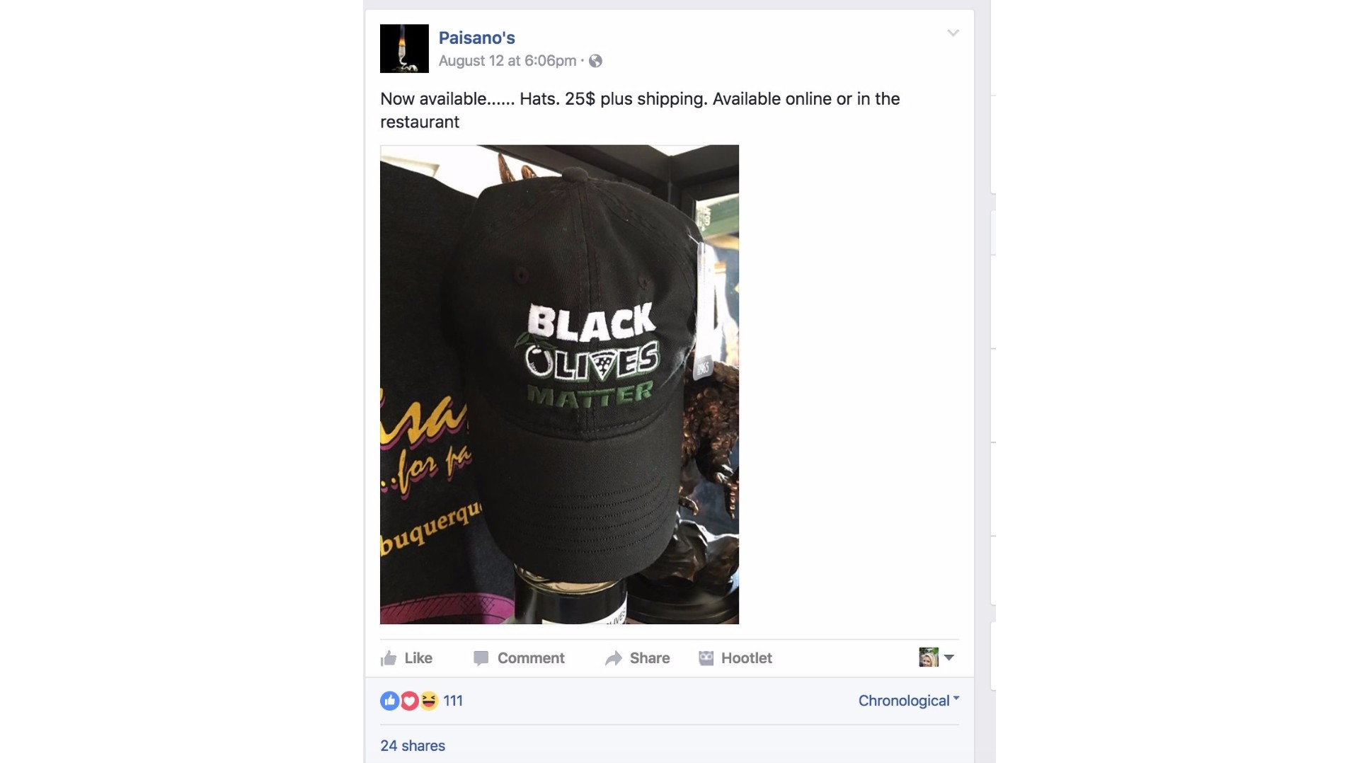 New Mexico restaurant selling 'Black Olives Matter' T-shirts, hats ...